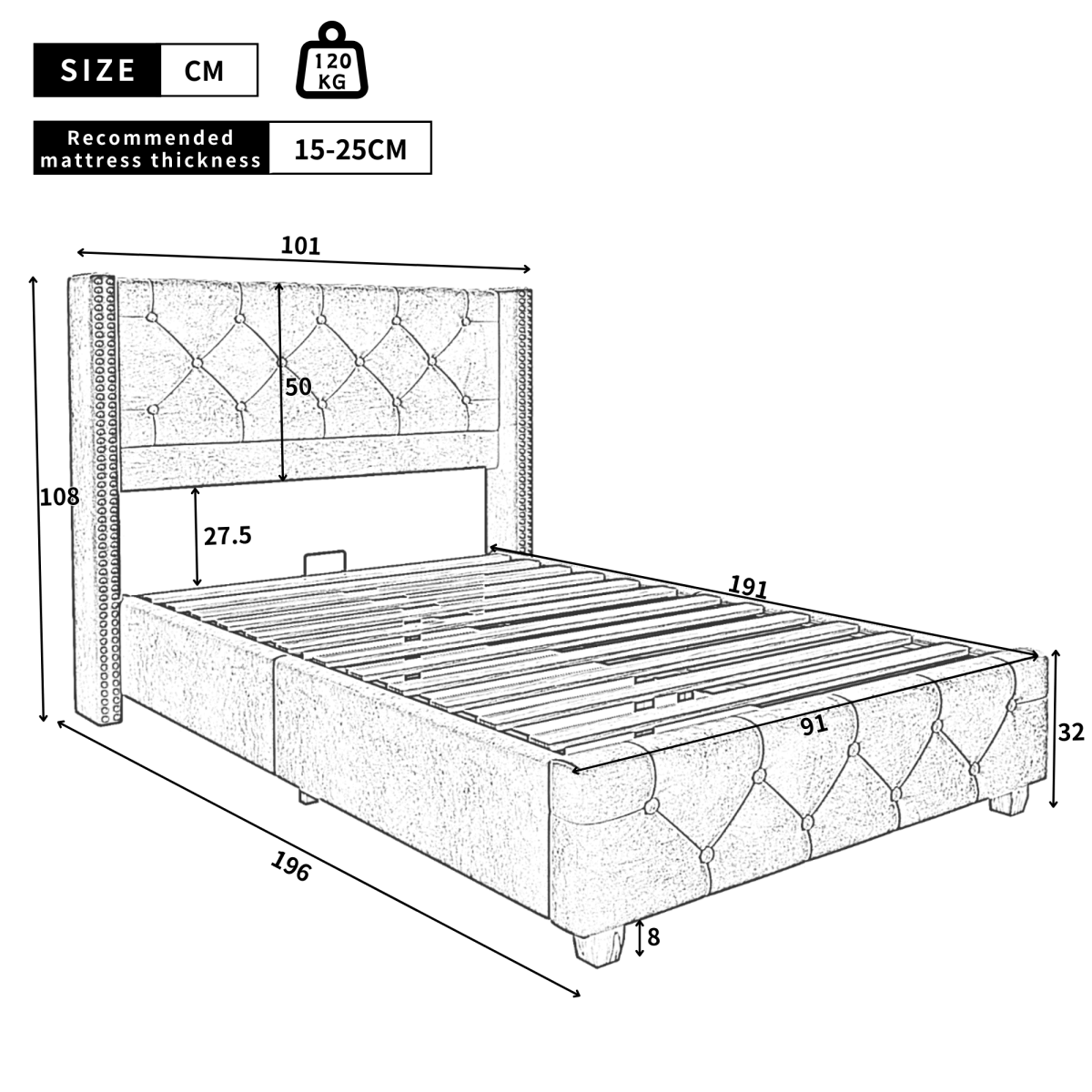 3ft Single Upholstered Bed Frame – Beige Linen Bed with Button Tufted ...