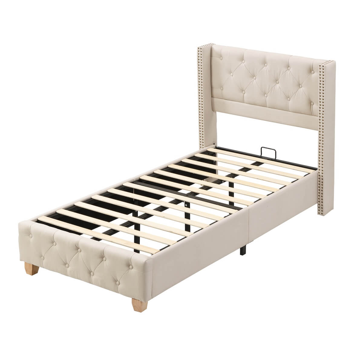 3ft Single Upholstered Bed Frame – Beige Linen Bed with Button Tufted ...