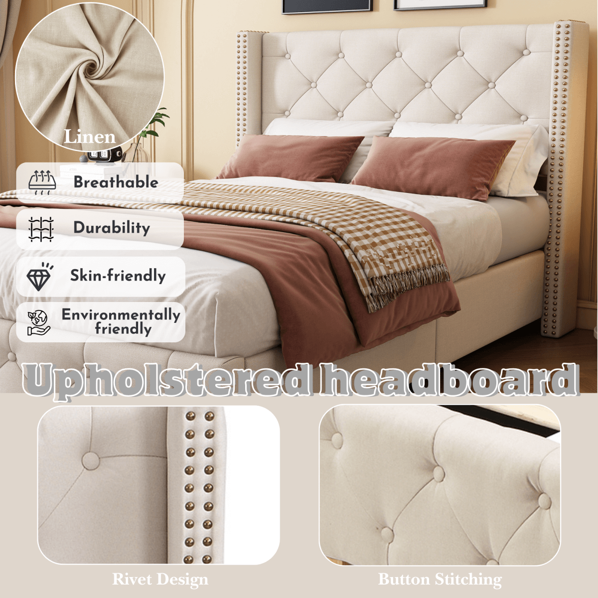 3ft Single Upholstered Bed Frame – Beige Linen Bed with Button Tufted ...