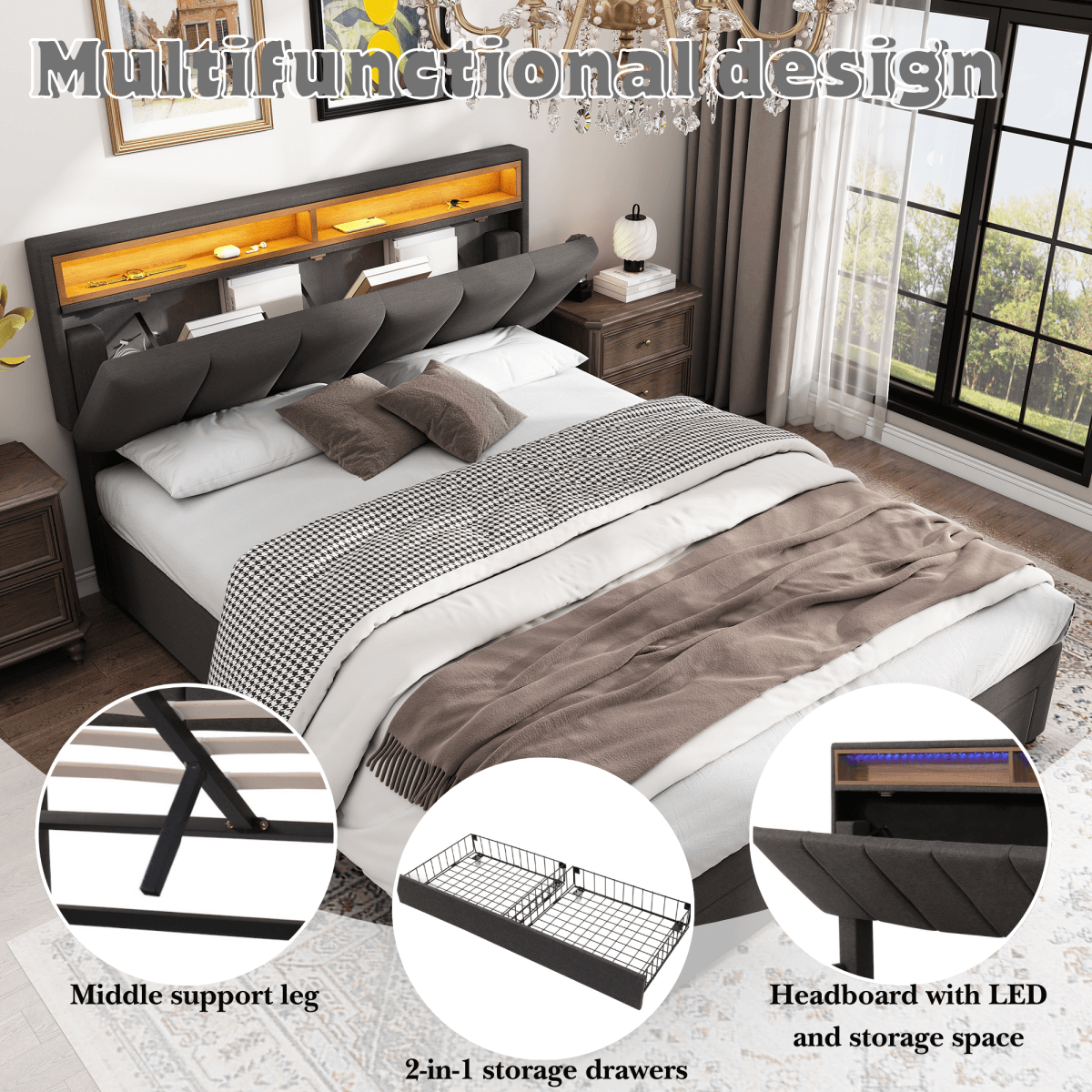 4ft6 Double Upholstered Storage Bed with LED Lights – Grey Hydraulic ...